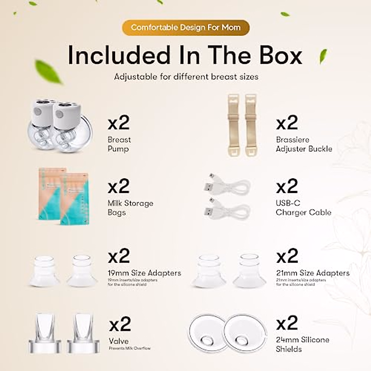 Wearable Breast Pump, Hands-Free Electric Breastfeeding Pump with 2 Pumping Modes & 9 Levels, Leak Proof with Anti-backflow Technology, Low Noise, 24mm Flexible Flange & Extra Inserts