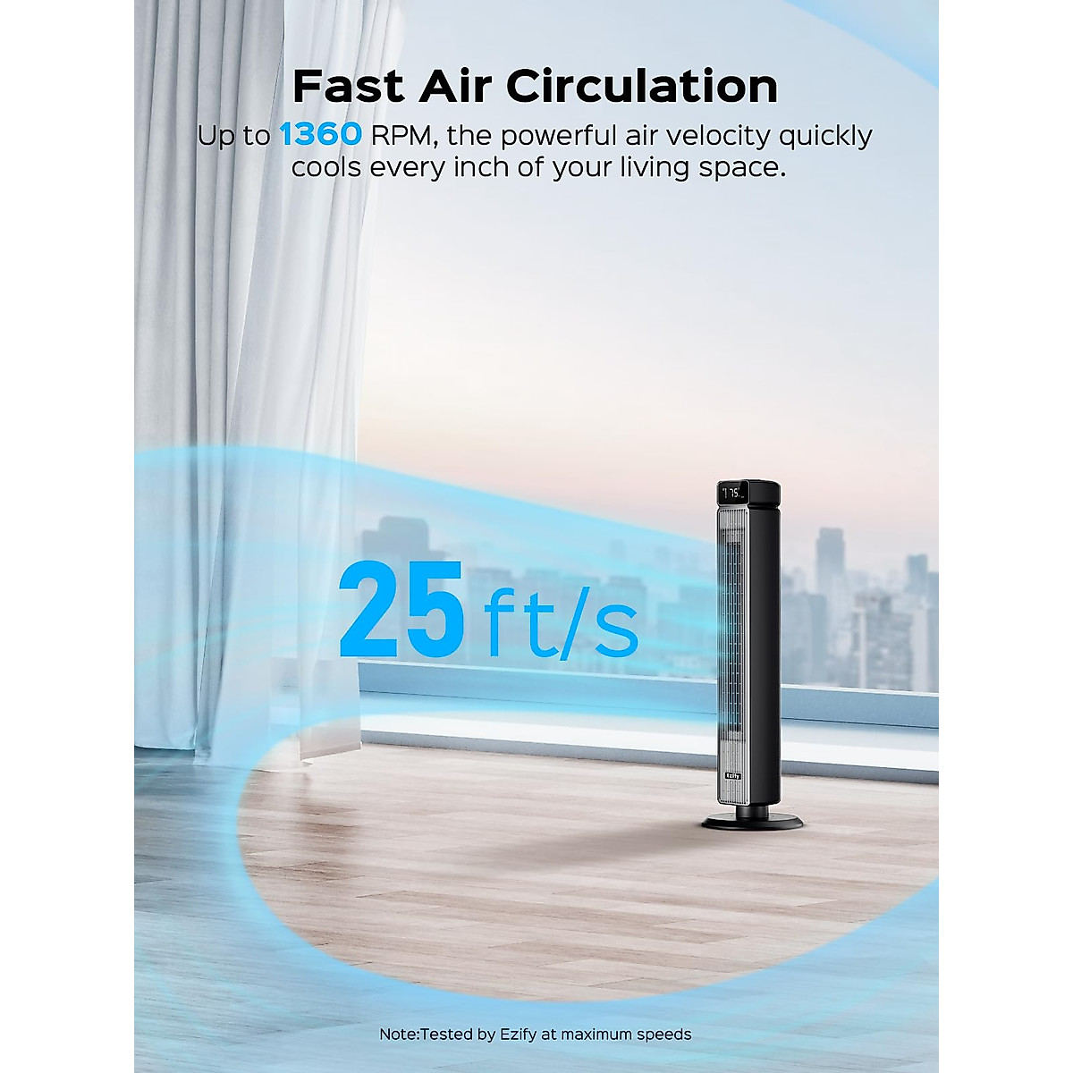 Ezify Tower Fan for Bedroom 40 Inch, 25ft/s Velocity Floor Fan, 30dB Quiet Standing Fan, 90° Oscillating Fan, 6 Speeds, 4 Modes, 12H Timer, Cooling Fan with Remote for Home Living Room Office, Black