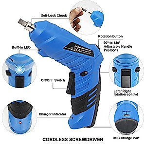 MQFORU Cordless Screwdriver, 47 in 1 Electric Screwdriver, Rechargeable 3.6V Portable Cordless Drills Kit, Dual Position Handle with USB Cable LED Light for Home Office DIY Tools