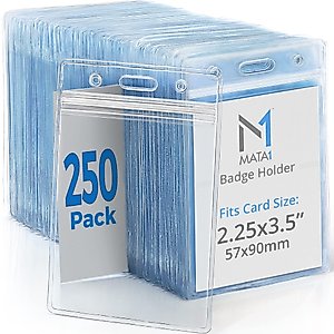 Mata1-USA Extra-Thick Vertical ID Name Badge Holder (Clear, 2.25x3.5 Inch, 250 Pack), Plastic Nametag Card Holders with Zipper