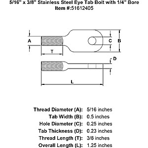 5/16" x 3/8" Stainless Steel Eye Tab Bolt with 1/4" Bore
