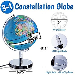 USA Toyz Illuminated Globe of the World with Stand - 3in1 World Globe, Constellation Globe Night Light, and Globe Lamp with Built-In LED, Easy to Read Texts, and Non-Tip Base, 13.5 Inch Tall