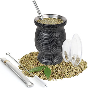 9Oz Yerba Mate Cup, Yerba Mate Gourd Set-Stainless Steel Modern Mate Cup, 2 Bombilla Mate Straws, Cleaning Brush and BPA Free Lid, Double-Walled and Hot&Cold Drink, Mate Gourd for Mate Tea, Coffee
