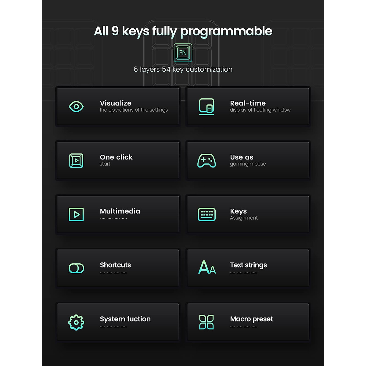 Vaydeer One-Handed Mechanical Keyboard Support NKRO, Hotkeys, One-Click Start,9 Fully Programmable Keys with Floating Window and Macro Multifunctional Keypad for iOS,Windows, Gift Idea for Him/Her