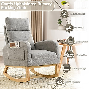 JEEOHEY Rocking Chair Nursery,Teddy Fabric Upholstered Baby Glider Rocker Chair,Comfy Accent Arm Chair with Side Pockets&Solid Wood Legs,Modern Nursing Single Sofa Chair for Living Room,Bedroom(Grey)