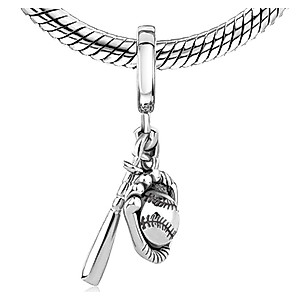 Bolenvi Baseball Bat Glove Sports 925 erling Silver Pendant Charm Bead For Pandora & Similar Charm Bracelets or Necklaces