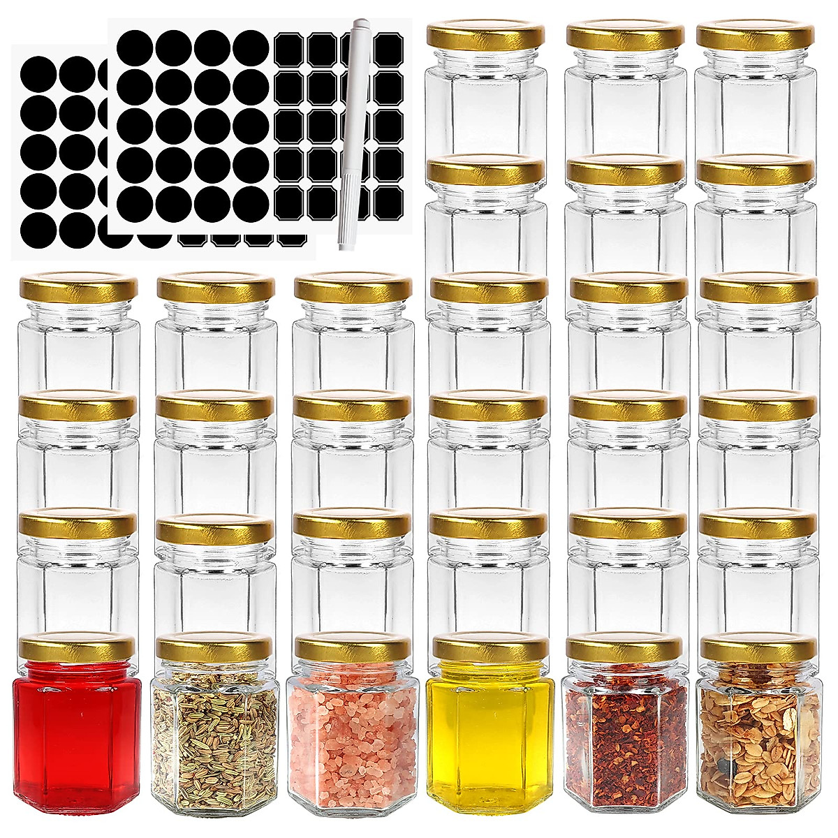 BIGIVACA 3 oz Hexagon Glass Jars with Golden Lids.Set of 30 Pack 90 ml Canning Jars Containers for Spice Jam,Jelly, Wedding Favors, Honey And More.Include 1 Chalk Pen and 80 Labels.