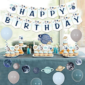 First Trip Around The Sun Birthday Decorations for Boy, Space One High Chair Banner & Galaxy Happy Birthday Garland, Planet Cake Toppers for 1st Birthday Party Supplies