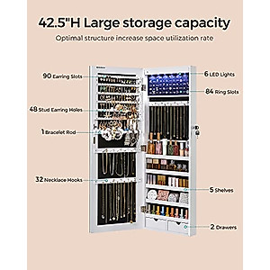 SONGMICS 6 LEDs Mirror Jewelry Cabinet, 42.5-Inch Tall Lockable Wall or Door Mounted Jewelry Armoire Organizer with Mirror, 2 Drawers, 3.7 x 14.6 x 42.5 Inches, White UJJC99WT