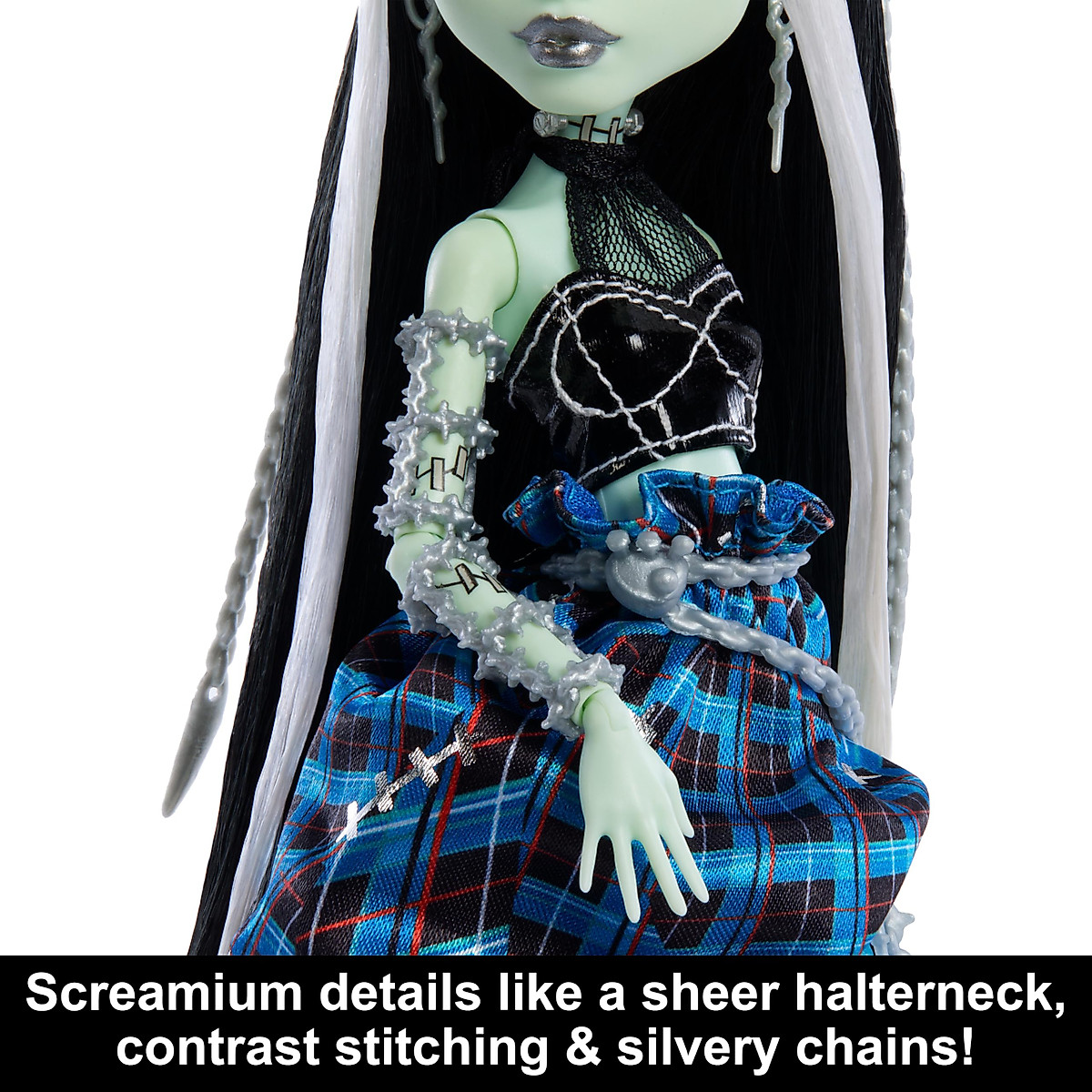 Monster High Doll, Frankie Stein Stitched in Style Fashion Collectible, Blue Plaid Couture Gown & Sewing-Inspired Accessories (Amazon Exclusive)