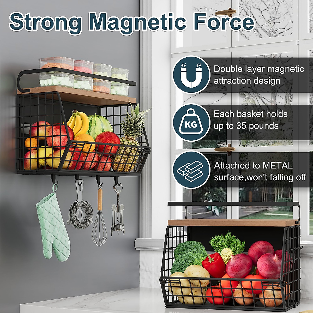 Clothink Magnetic Shelf for Fridge, Onion and Potato/Spice/Snacks/Fruit and Vegetable Storage and Organizer, Wire Basket for Pantry, Kitchen Countertop, RV and Laundry