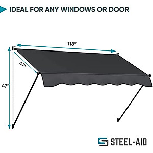 STEELAID Manual Retractable Awning | 118” Screw-in Outdoor Sun Shade | Adjustable Pergola Shade Cover w/ UV Protection| 100% Polyester Waterproof Outdoor Canopy for Windows & Doors