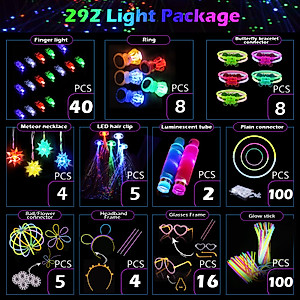 Tudona 292 PCS Glow in the Dark Party Supplies for Kids Adults,Neon Party Favors Glow Sticks Rings Glasses Headband Birthday Graduation Glow Party