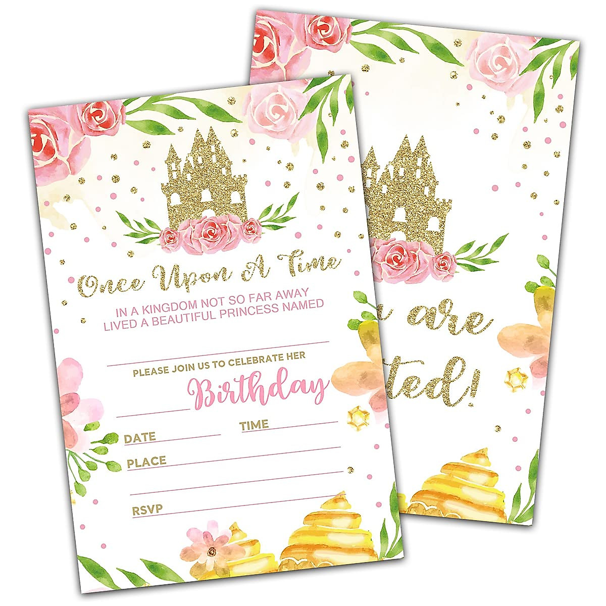 NYCTUG Floral Castle Theme Birthday Invitation(4" X 6"), Fairy Tale Little Princess Party Double-Sided Invites- 20 Invitations With Envelopes-Personalized Party Supplies-A25