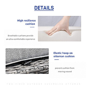 Patiorama 2 Pieces Assembled Outdoor Patio Ottoman, Indoor Outdoor All-Weather Grey Wicker Rattan Outdoor Footstool Footrest Seat with Light Grey Cushions, No Assembly Required