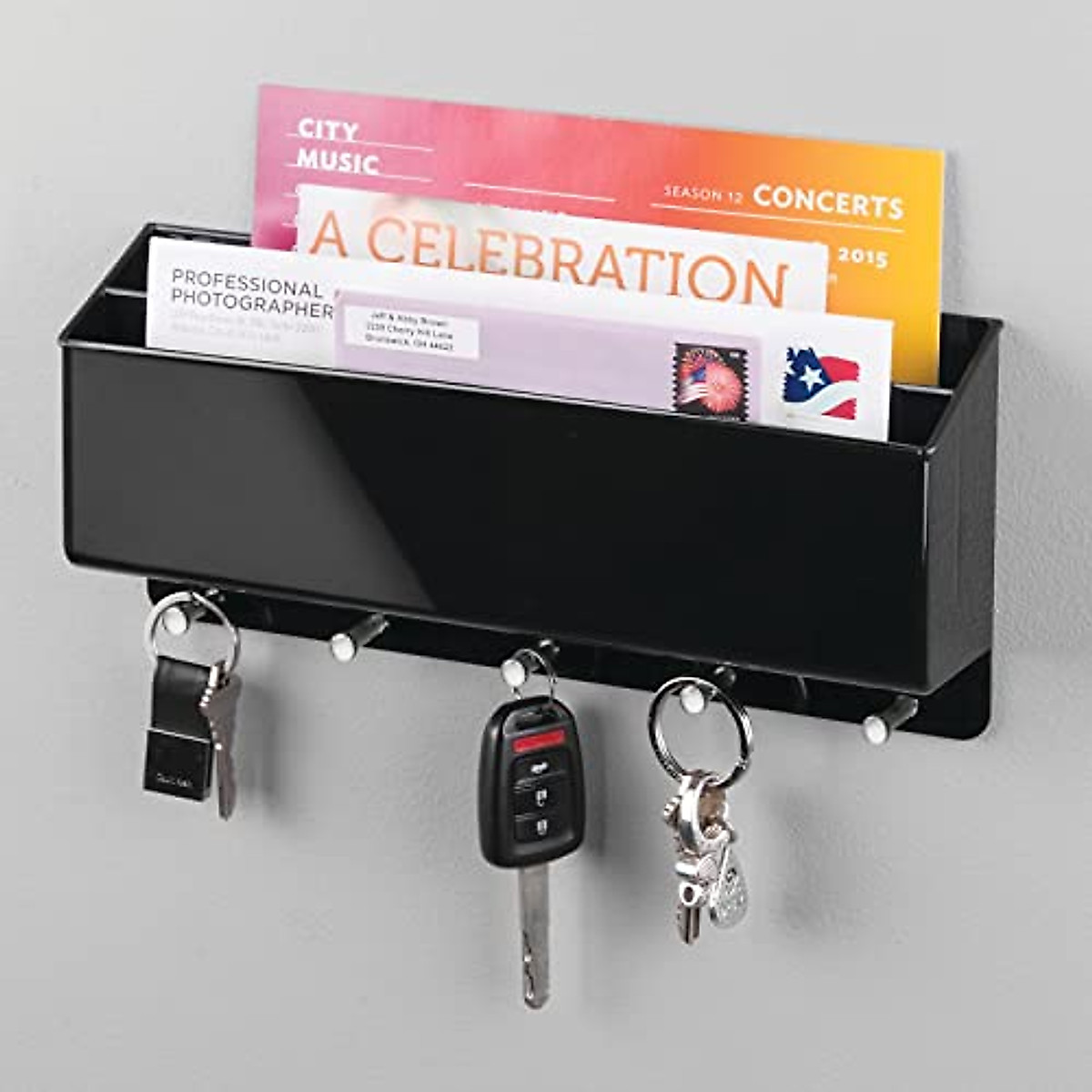 mDesign Wall Mount Plastic Divided Mail Organizer Storage Basket - 2 Sections, 5 Metal Peg Hooks - for Entryway, Mudroom, Hallway, Kitchen, Office - Holds Letters, Magazines, Coats, Keys - Black