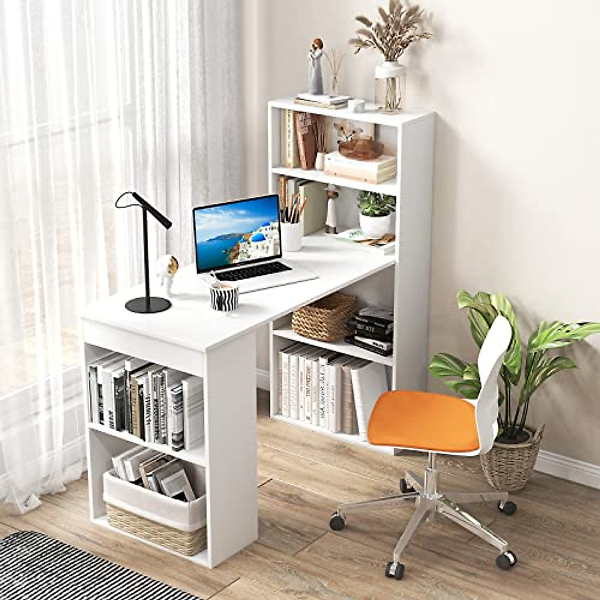 IFANNY 48 Inch Computer Desk with Bookshelf, Reversible Home Office Desk with Open Shelves & CPU Stand, Modern Space-Saving Writing Desk Computer Workstation for Study, Living Room (White)