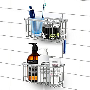 SunnyPoint Aluminum NeverRust Shower Caddy Basket Organizer Storage Shelf Rack; Adhesive Installation Pad Included (Set of 2, Grey)