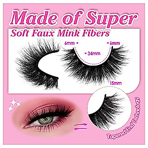 JIMIRE Mink Lashes Fluffy False Eyelashes Natural Look 15MM Wispy Fake Eyelashes Volume D Curl Russian Strip Fake Lashes Bulk 8 Pairs Pack
