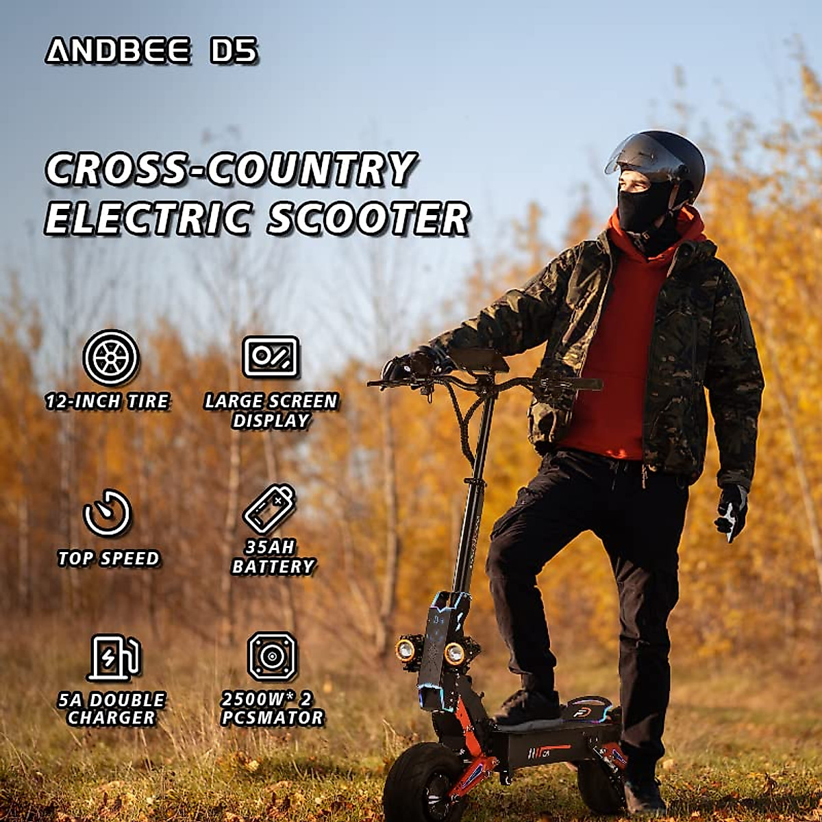 ANDBEE Electric Scooter Adult, 12-inch Road Tires with Seat Sports Scooter, 5000W Dual Motor High Power Dual Drive 50MPH, 48V35AH Range 75Miles Removable with Password Lock Battery Electric Scooter