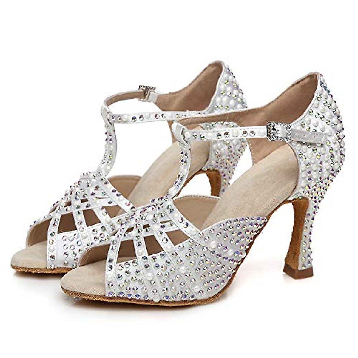 YKXLM Rhinestones Ballroom Dance Shoes Women Latin Salsa Dance Shoes T-Strap,L431-10,White,9.5 US