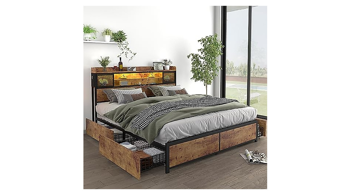 Gyfimoie Queen Bed Frame with USB Ports & Storage Drawers