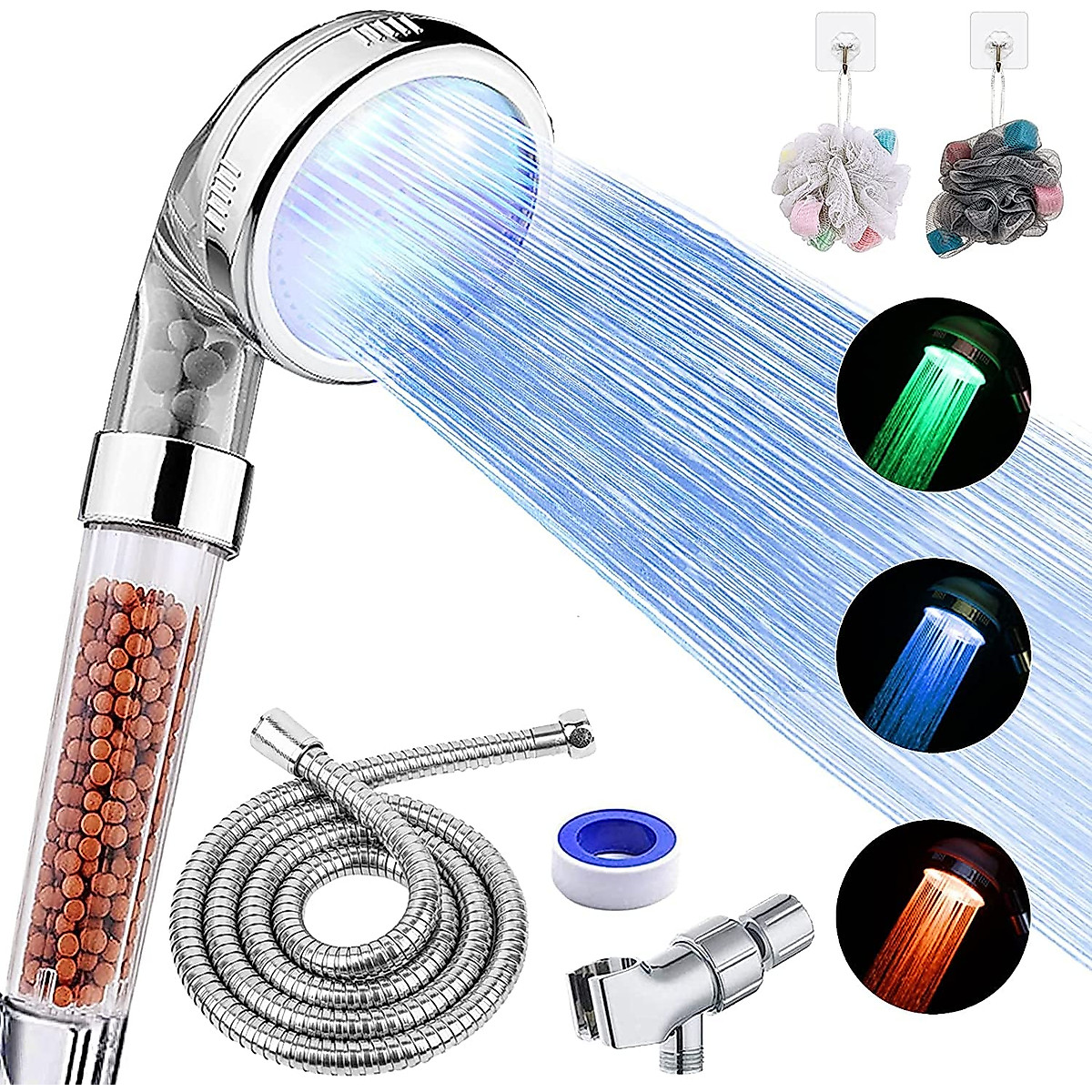 FASTRAS LED Shower Head with Handheld, Shower Head High Pressure Shower Head with Hose, Holder & PTFE Tape etc, 3 Water Temperature-Controlled Water Saving Filtered Shower Head for Dry Skin& Hair…