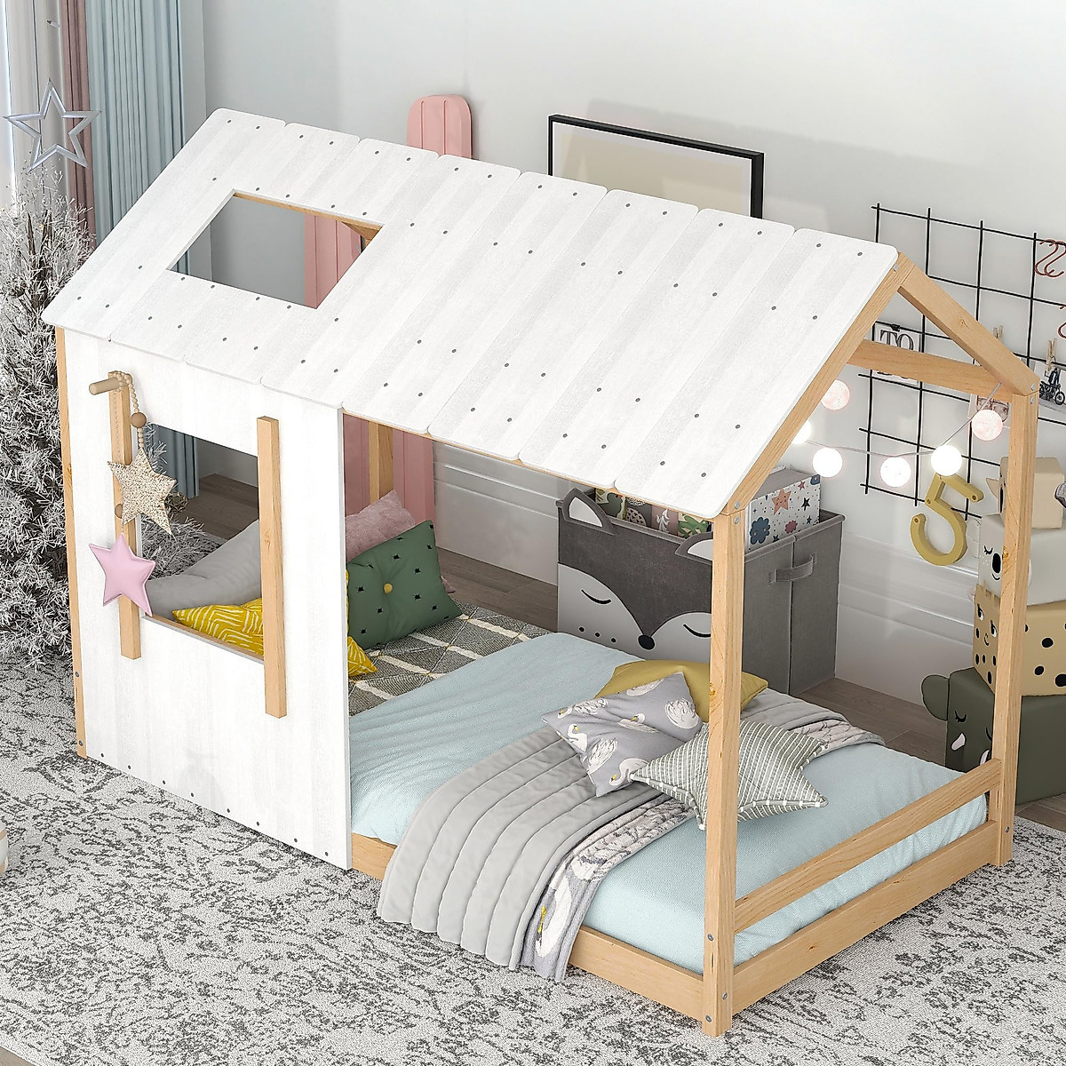 Twin Size Montessori Bed Frame, Twin Size House Floor Bed Frame with Headboard, Roof and Window, Wood Montessori Floor Bed for Kids, Twin Size Bed Frame Natural Antique White