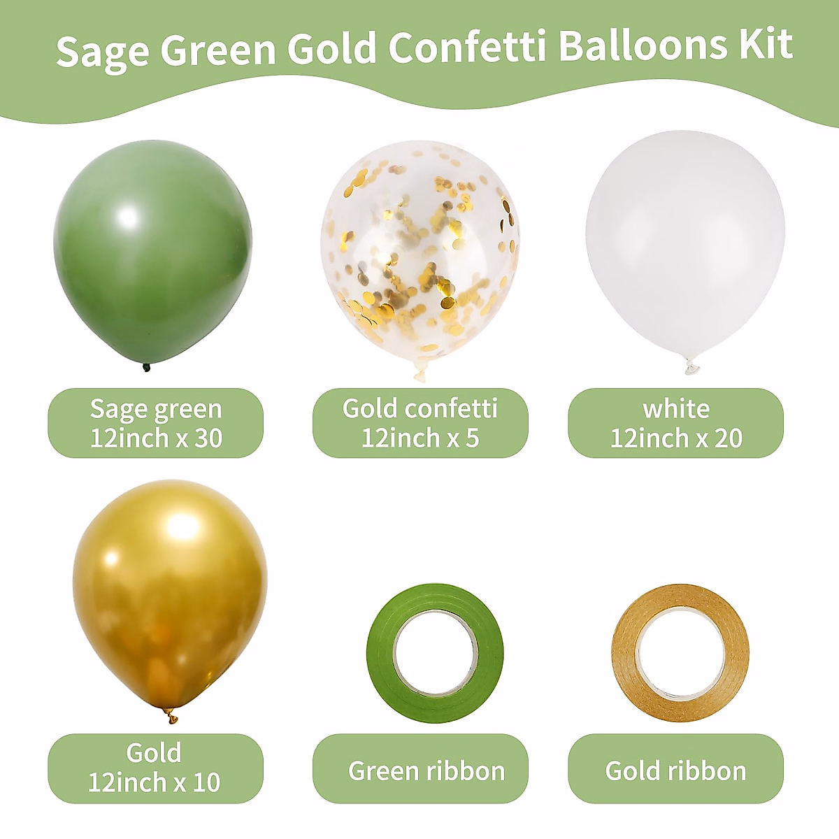 RUBFAC 65Pcs 12 Inches Sage Green Gold Confetti Balloons Kit, Green White Metallic Gold Party Balloons with Ribbons for Birthday, Wedding, Baby Shower, Graduation, Eucalyptus Party Decorations