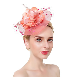 JWICOS Fascinators Hat for Women 50s Flower Hat with Veil Cocktail Wedding Tea Party Church Derby Hat (Coral)
