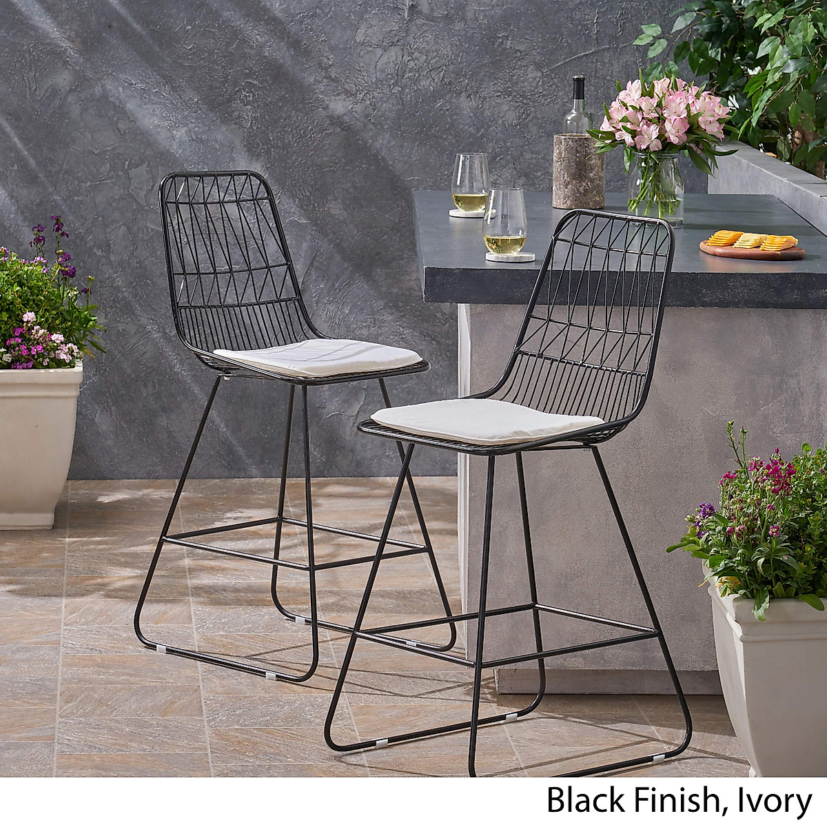 GDFStudio Outdoor Counter Stools, 26" Seats, Modern, Geometric, Black Iron Frames with Ivory Cushion (Set of 2)