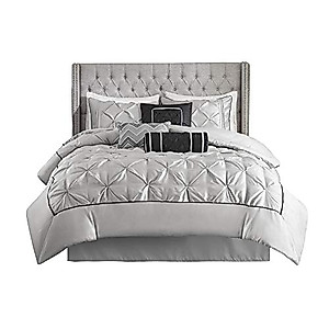 Madison Park Laurel Cozy Comforter Set - Traditional Tufted Faux Silk Design, All Season Down Alternative Bedding with Matching Shams, Decorative Pillow, Grey Queen(90"x90") 7 Piece