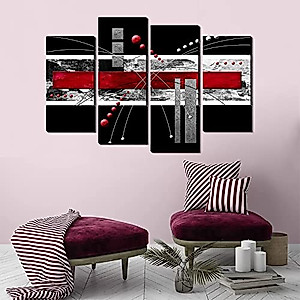 YPY Large Black Red Canvas Wall Art - 4 Panels Modern Abstract Picutre Set for Home Decoration - Contemporary Painting Artwork Ready to Hang Living Room Bedroom W48 x H36