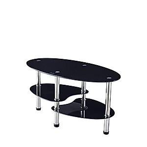 Oval-Shaped Glass Tea Table for Office, 3-Tier Modern Coffee Table, End Table for Living Room (Black)
