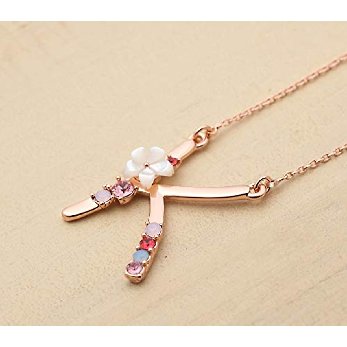 Flower Initial Necklace Amethyst Pink Ruby Red Opal Blue Simulated Pearl Pendant Name Jewelry Made with Swarovski Crystals Rose Gold Plated Anniversary Birthday Gifts for Women Girl,18"+2" (Letter K)