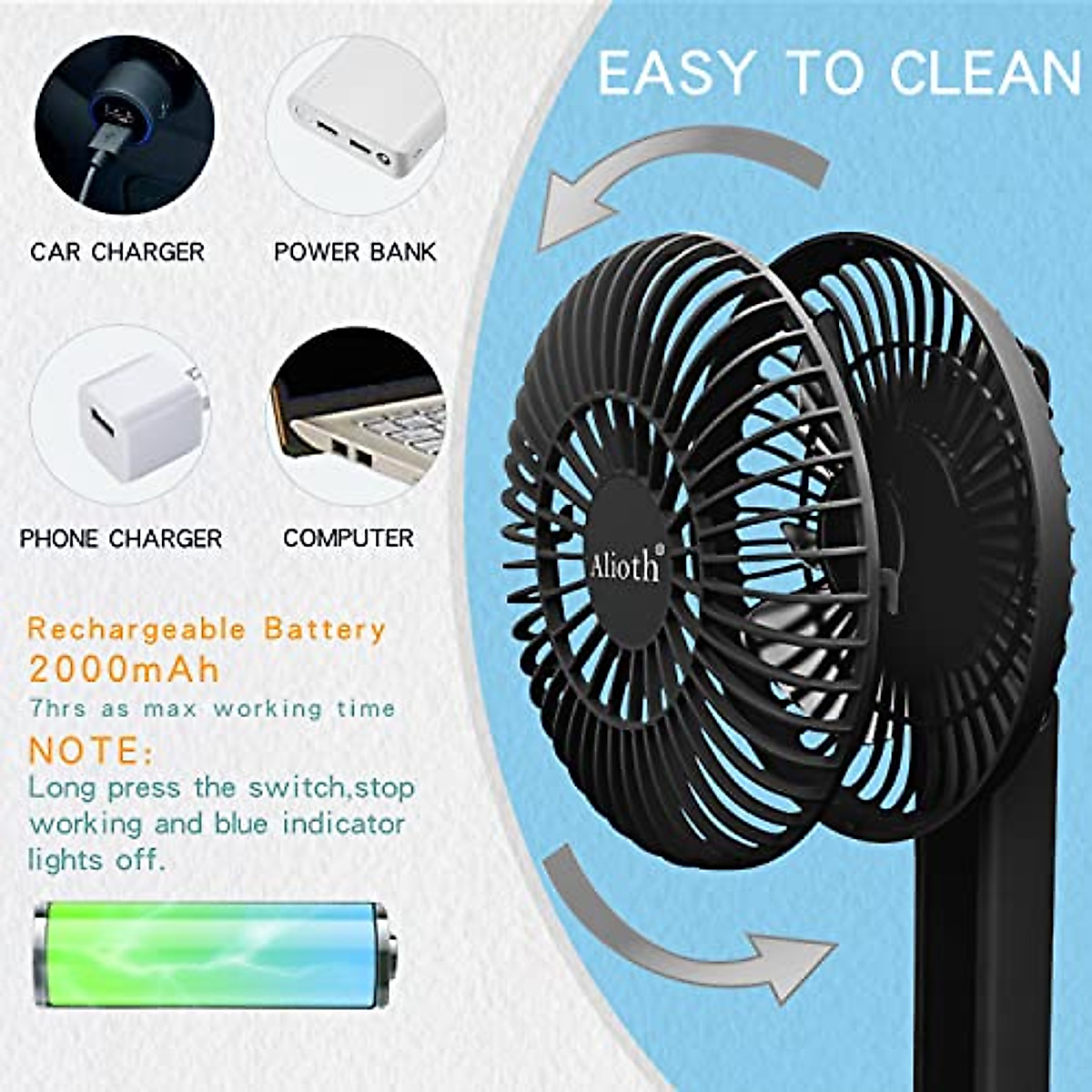 Alioth Portable Desktop Table Fan , Foldable with Base, 3 Speeds Super Quiet Personal Cooling Fan for Desktop Office Travel(Black)