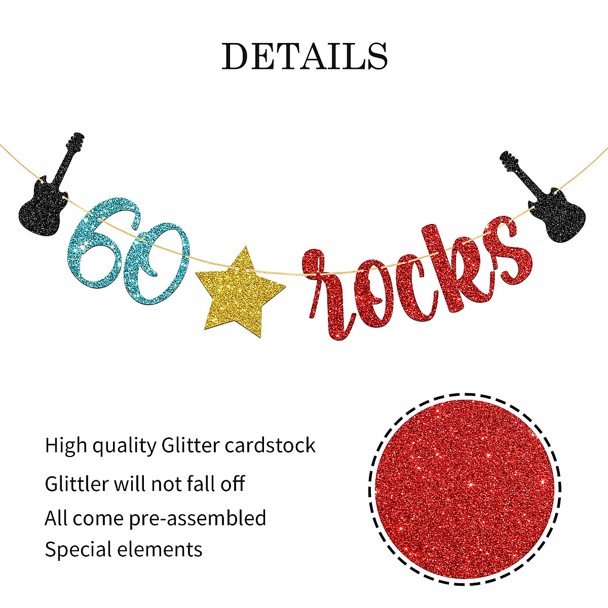 WeBenison 60 Rocks Birthday Banner Rock and Roll Music Theme 60th Birthday Banner / 60's Rock Guitar Birthday Party Decorations Glitter (60)