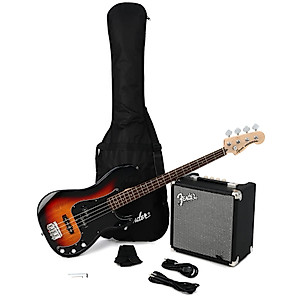 Squier Affinity Series Precision Bass PJ Pack - 3-Color Sunburst with Laurel Fingerboard + Fender Road Worn Strap - Brow