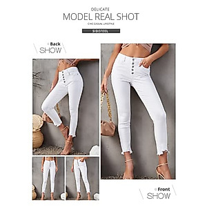 Sidefeel Womens High Waisted Skinny Jeans Button Fly Raw Hem Elegant Denim Pants X-Large White