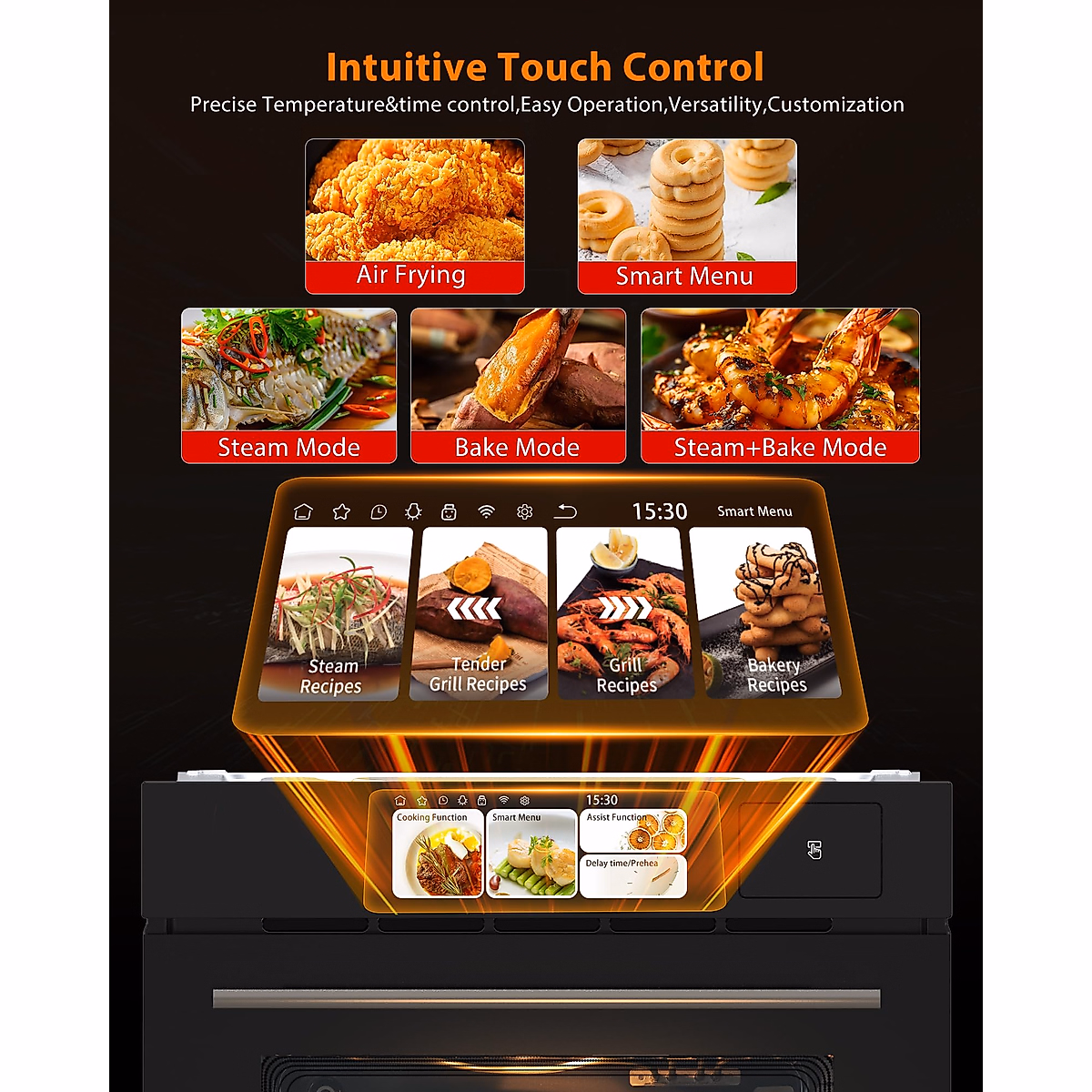 Ecoexplorer 24in Single Wall Oven, Built-in Electric Ovens with Steam&Grill&Air Frying Mode, 3000W, 240V, 2.5Cu.ft Stainless Steel Convection Built-in Oven, Advanced TFT Screen