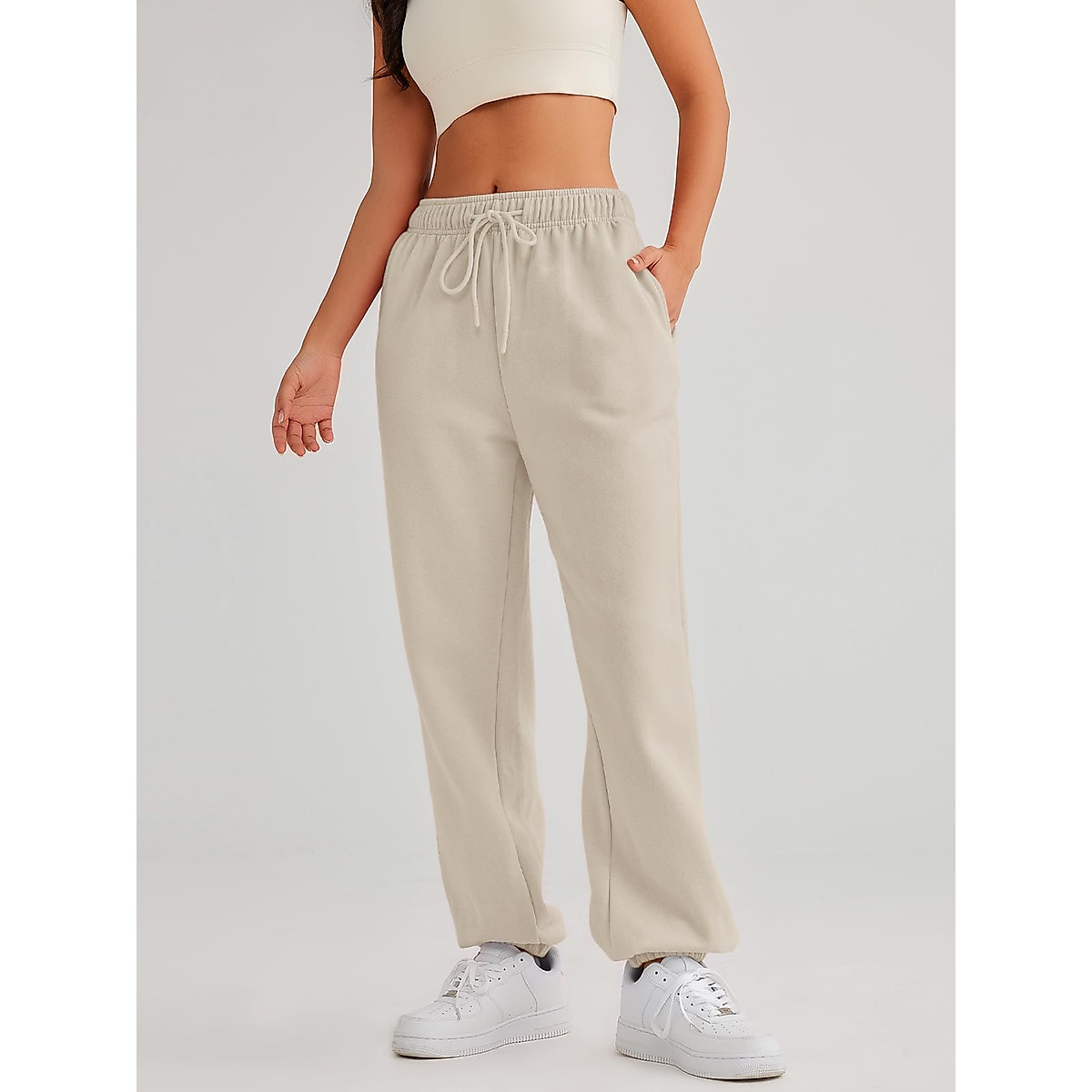 AUTOMET Womens Sweatpants Fleece Lined Fall Outfits Baggy High Waisted Straight Leg Sweat Pants 2024 Drawstring Winter Burnt Casual Athletic Lounge Joggers Beige S