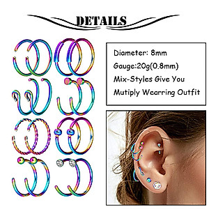 Qmcandy 40Pcs 20G Rainbow Nose Rings Studs Nose Rings Hoop Fashion Piercings Hoop Jewelry Stainless Steel Nose Rings