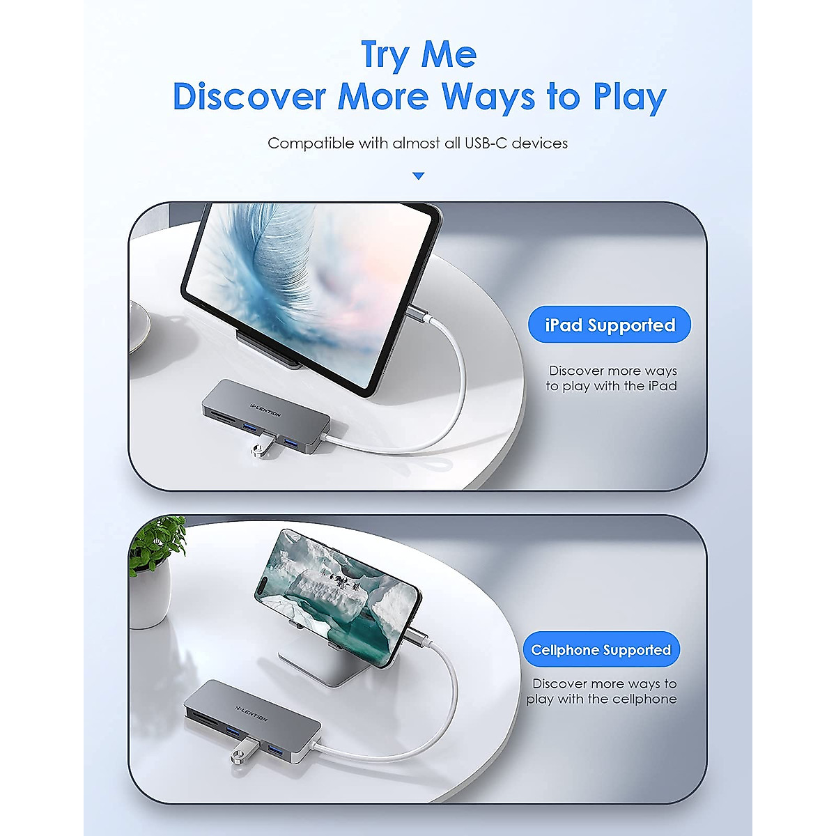 LENTION USB C Hub with 3 USB 3.0 & SD/Micro SD Card Reader Compatible Iphone15, 2023-2016 MacBook Pro, New Mac Air/iPad Pro/Surface, More, Stable Driver Certified Type C Adapter (CB-C15, Space Gray)