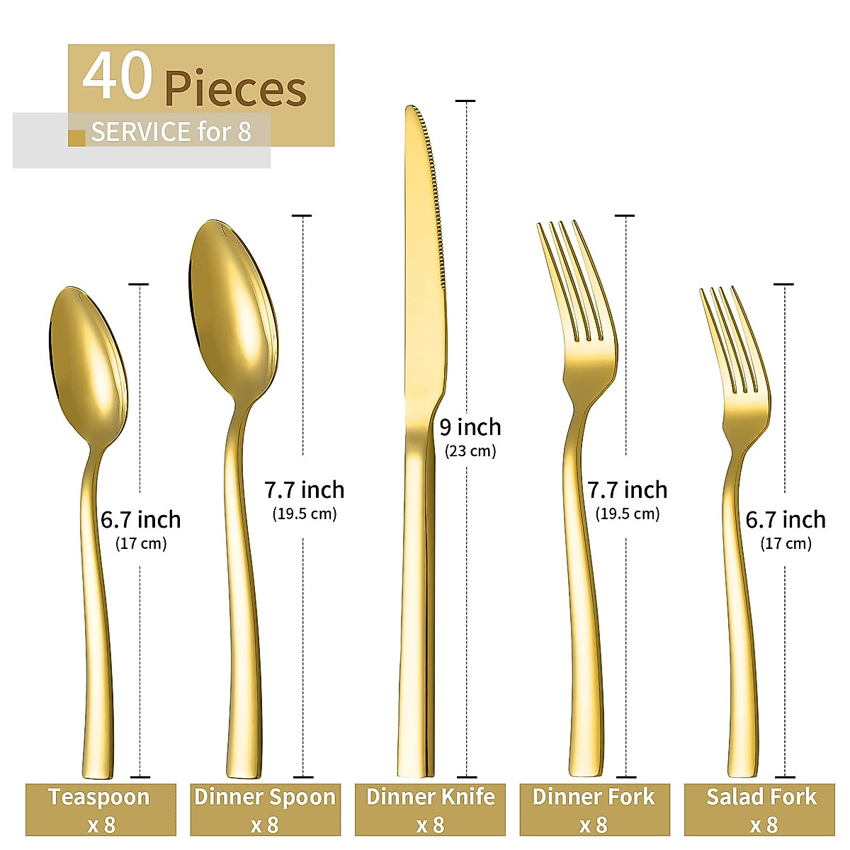 Gold Silverware Set, Briout 40 Piece Stainless Steel Flatware Cutlery Set Service for 8 Luxury Square Tableware Thick Knife Fork Spoon for Home Kitchen Restaurant Wedding, Mirror Polished