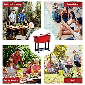 Outsunny 80 QT Rolling Cooling Bins Ice Chest on Wheels Outdoor Stand Up Drink Cooler Cart for Party, Red
