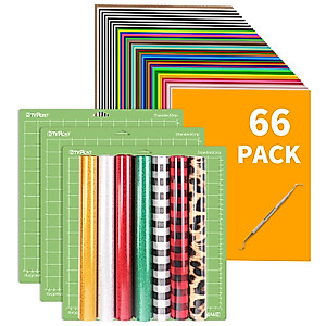 HTVRONT HTV Heat Transfer Vinyl Bundle: 66 Pack 12 x 10 Iron On Vinyl for T-Shirt,37pcs Assorted Colors HTV Vinyl with Tweezer,3 Pack Standard Grip Cutting Mat for Cricut Explore Air2/Air/One/Maker