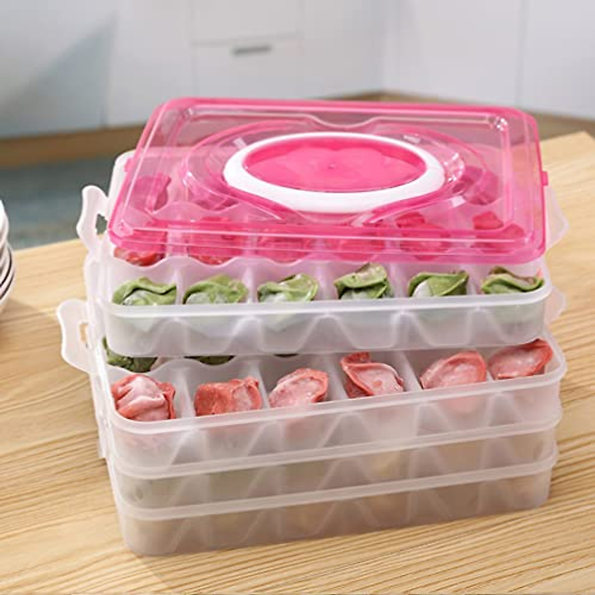 Zerodeko Food Storage Container Dumpling Organizer Stackable Portable Freezer Storage Containers Food Storage Box for Kitchen and Fridge Rosy