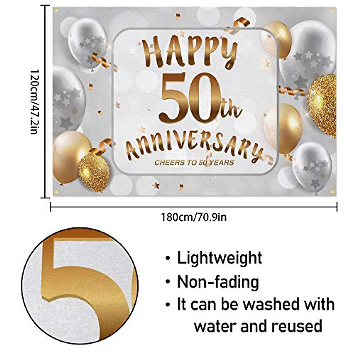 PAKBOOM Happy 50th Anniversary Backdrop Banner - Cheers to 50 Years Anniversary Party Decorations Supplies for Parents - 3.9 x 5.9ft Silver