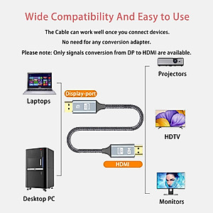 Pizucb 4K DisplayPort to HDMI Cable 6FT, High Speed Unidirectional DP to HDMI Adapter, 4K@30Hz, 2K@60Hz, 1080P Full HD Compatible with HP DELL Monitor Lenovo Projector HDTV