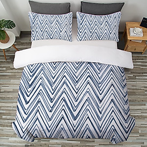 TOPTREE Geometric Blue Duvet Cover Queen - Modern Indigo Blue Chevron Bedding Set 3 Piece Blue and White Bed Set for Women Adults (Queen, Blue Chevron)